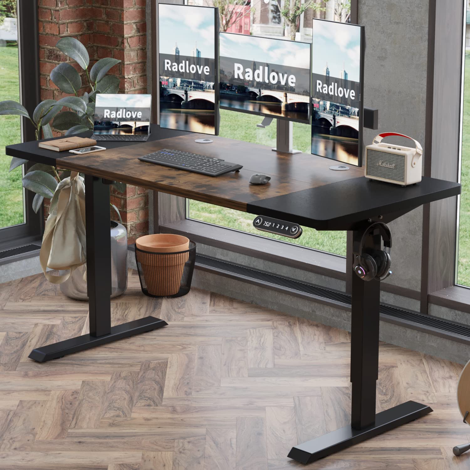 Radlove Electric Height Adjustable Standing Desk, 63x 30 Inches Stand Up Desk Workstation, Splice Board Home Office Computer Standing Table Ergonomic Desk (Black+ Brown, 63x30'')