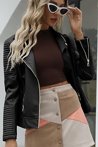 Giolshon Faux Leather Casual Short Jacket for Women, Moto Biker Coat for Spring Fall and Winter 53 Black M