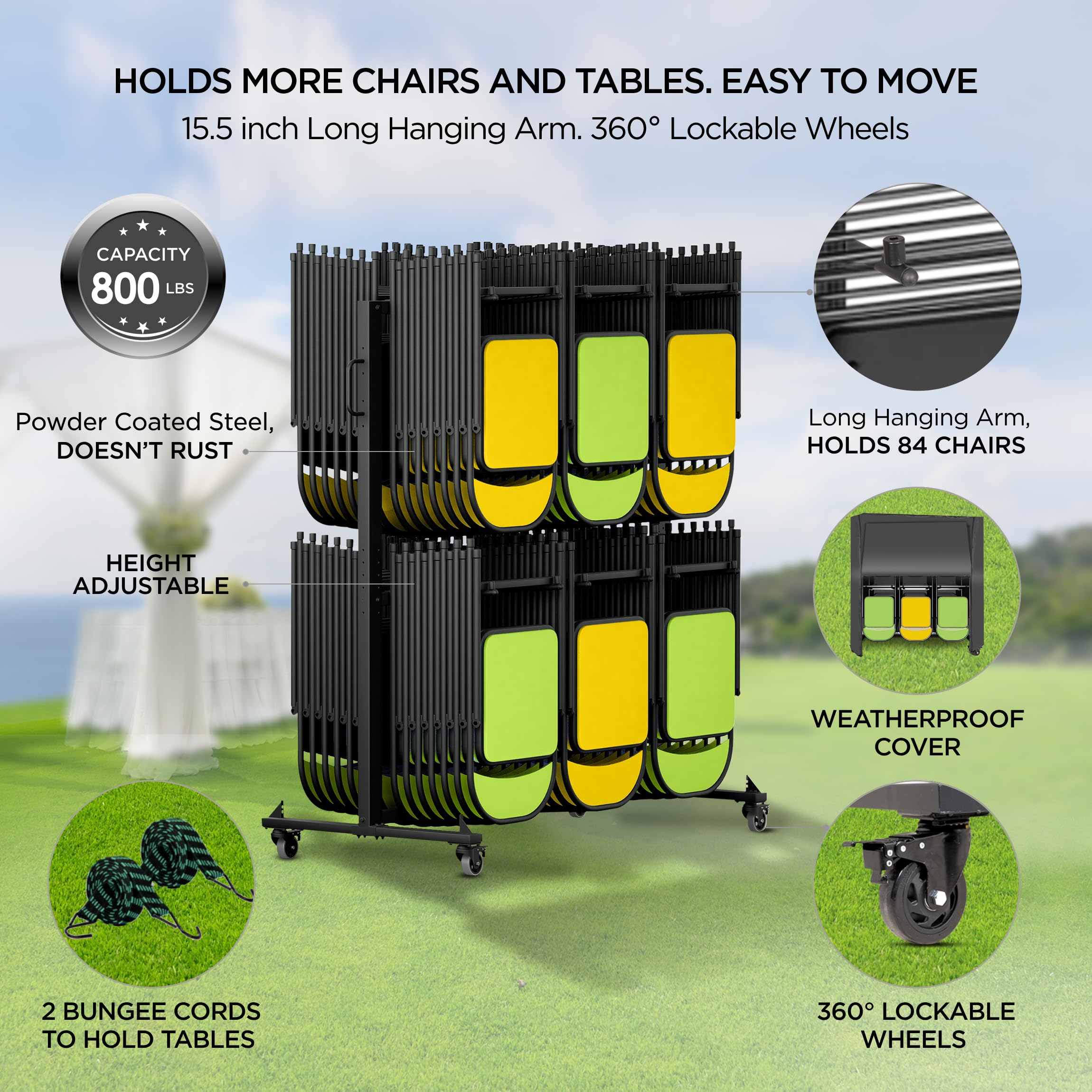 Folding Chair Rack Folding Chair Cart with Capacity 84 Folding Chair Storage Rack 360° Rubber Locking Wheels Weatherproof Cover Mobile Chair Dolly for Stackable Chairs Folding Tables and Chairs