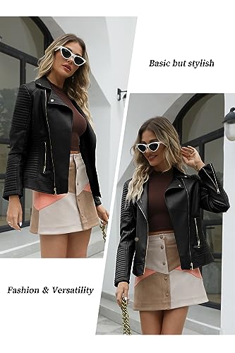 Giolshon Faux Leather Casual Short Jacket for Women, Moto Biker Coat for Spring Fall and Winter 53 Black M