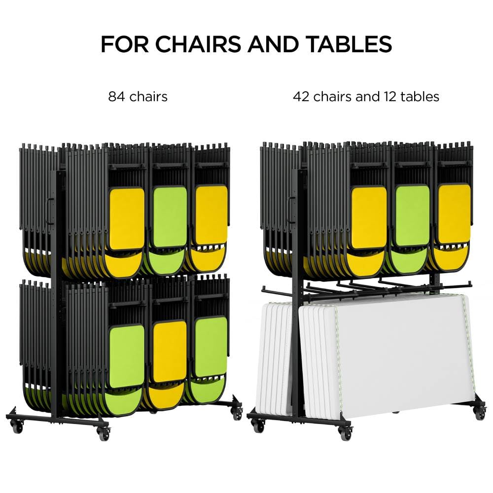 Folding Chair Rack Folding Chair Cart with Capacity 84 Folding Chair Storage Rack 360° Rubber Locking Wheels Weatherproof Cover Mobile Chair Dolly for Stackable Chairs Folding Tables and Chairs