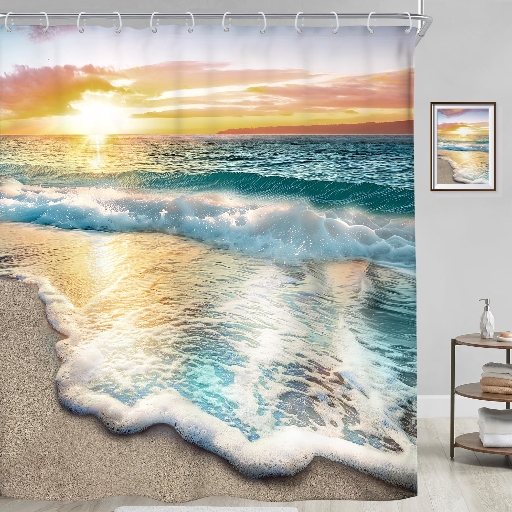 Riyidecor Ocean Coastal Hawaiian Sunrise Shower Curtain 72x84 Inch Sea Wave Summer Beach Seaside Scene Island Blue Fabric Set Waterproof 12 Pack Hooks BB-JWXP