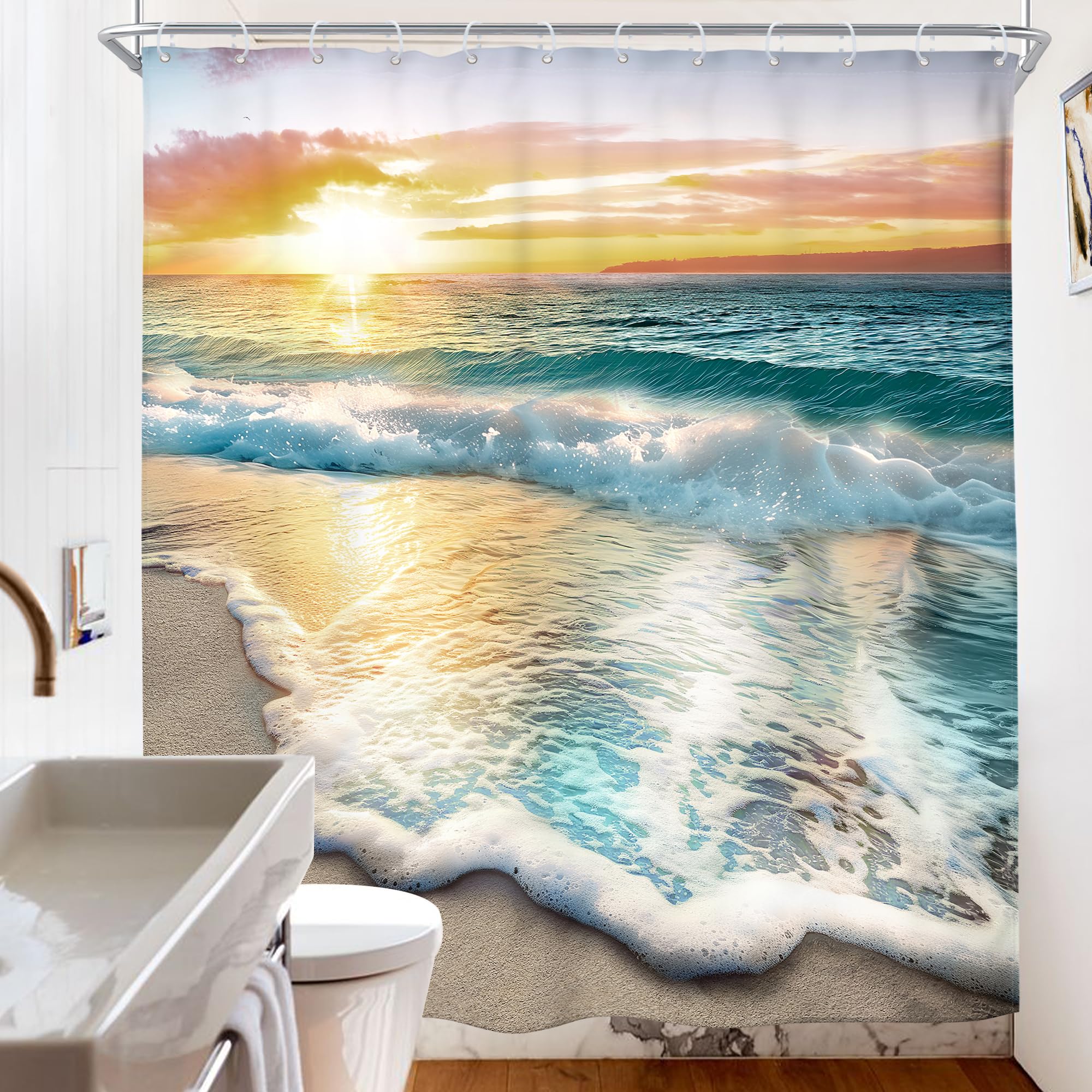 Riyidecor Ocean Coastal Hawaiian Sunrise Shower Curtain 72x84 Inch Sea Wave Summer Beach Seaside Scene Island Blue Fabric Set Waterproof 12 Pack Hooks BB-JWXP