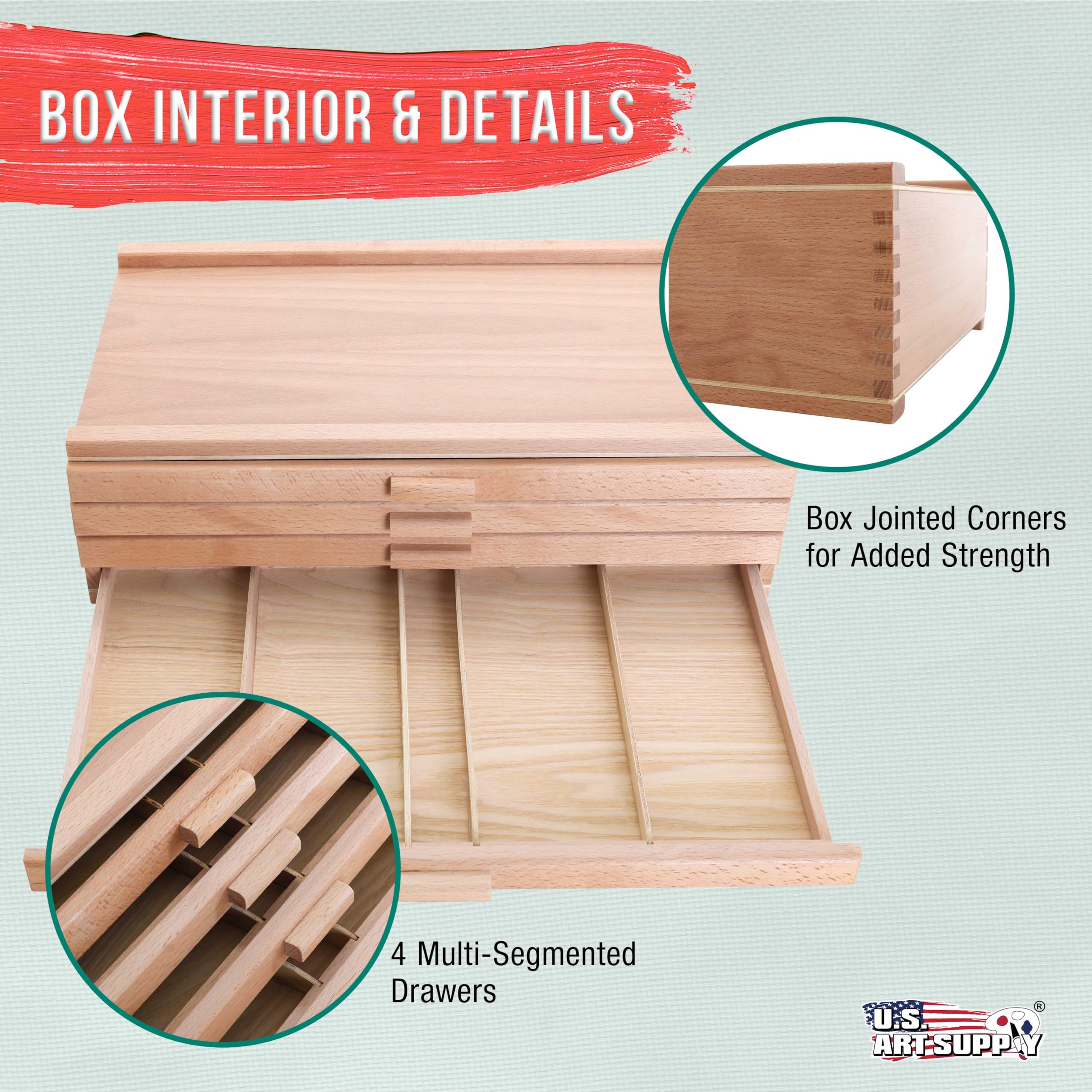 U.S. Art Supply 4 Drawer Wood Artist Supply Storage Box - Pastels, Pencils, Pens, Markers, Brushes