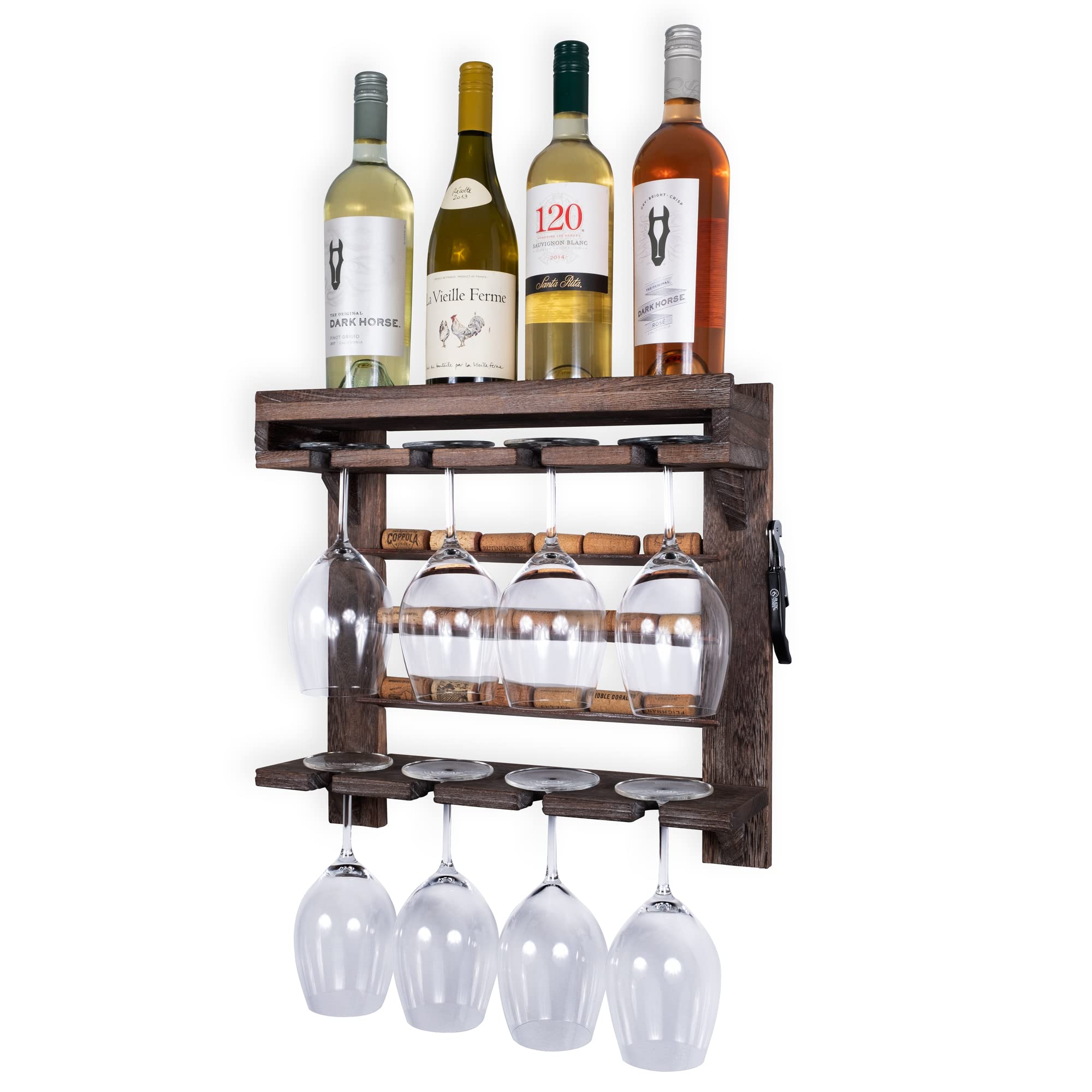 Rustic State Veneto Wall Mount Wood Wine Bottle Rack and Stemware Glassware Organizer Shelf Cork Storage - Magnetic Corkscrew Holder for Champagne, Red & White Wine - Home, Kitchen, Bar Décor