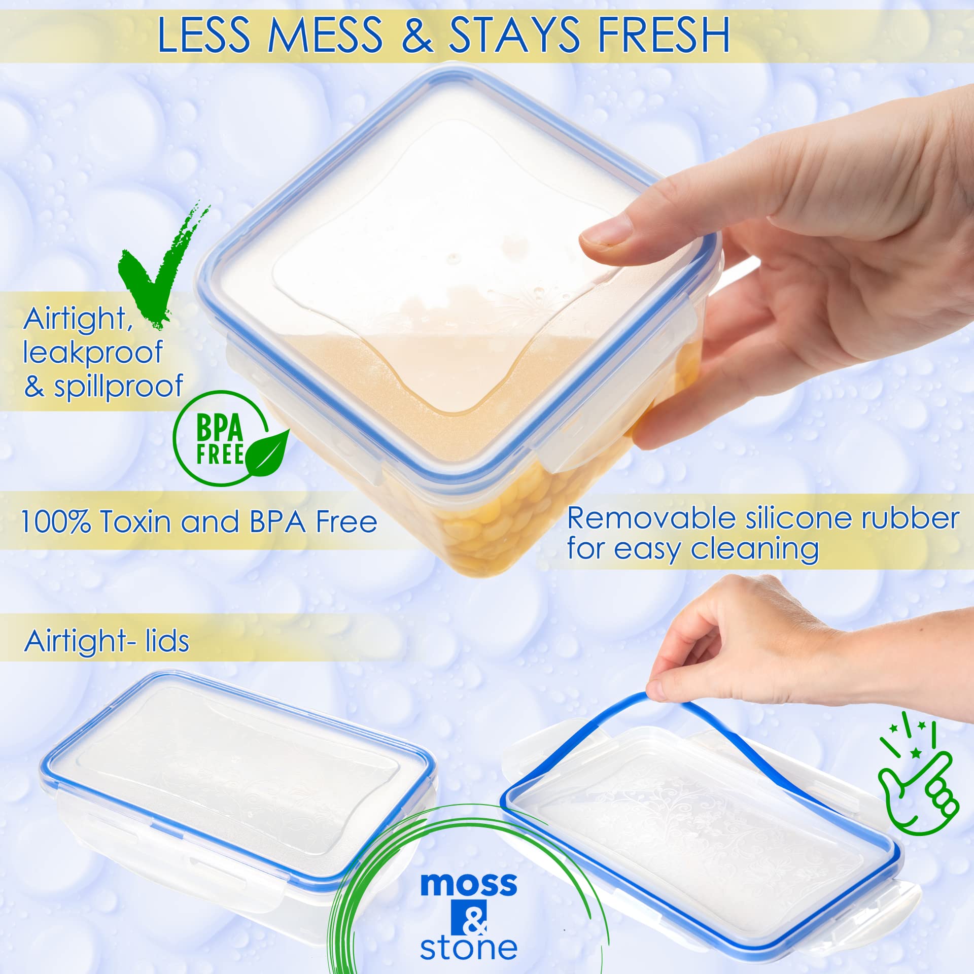 Moss & Stone Air Tight 16 Piece Plastic Food Storage Containers with Lids, Safe Lunch Box Set For DIshwasher and Microwave, Leak Proof Storage Containers For Food- BPA Free