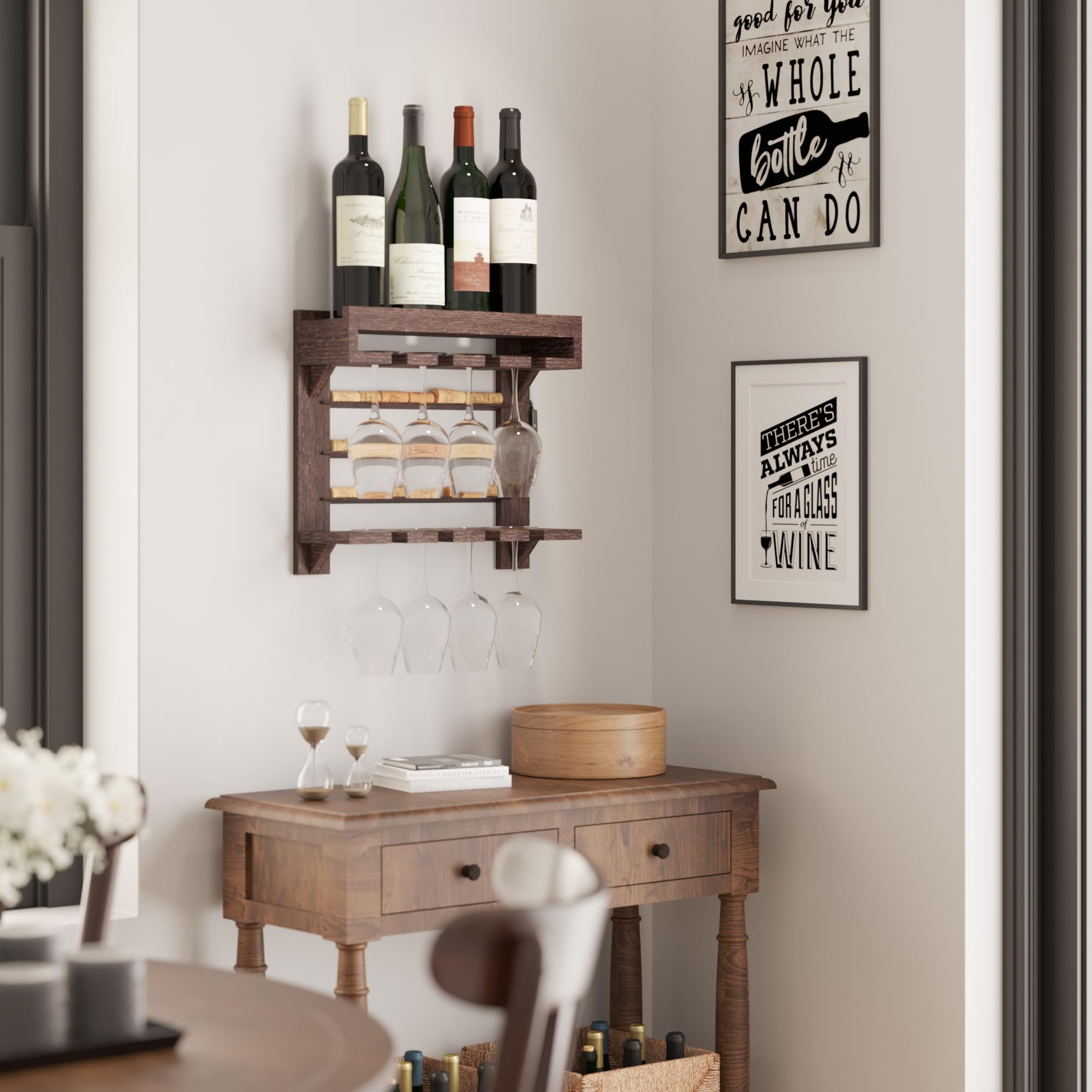 Rustic State Veneto Wall Mount Wood Wine Bottle Rack and Stemware Glassware Organizer Shelf Cork Storage - Magnetic Corkscrew Holder for Champagne, Red & White Wine - Home, Kitchen, Bar Décor
