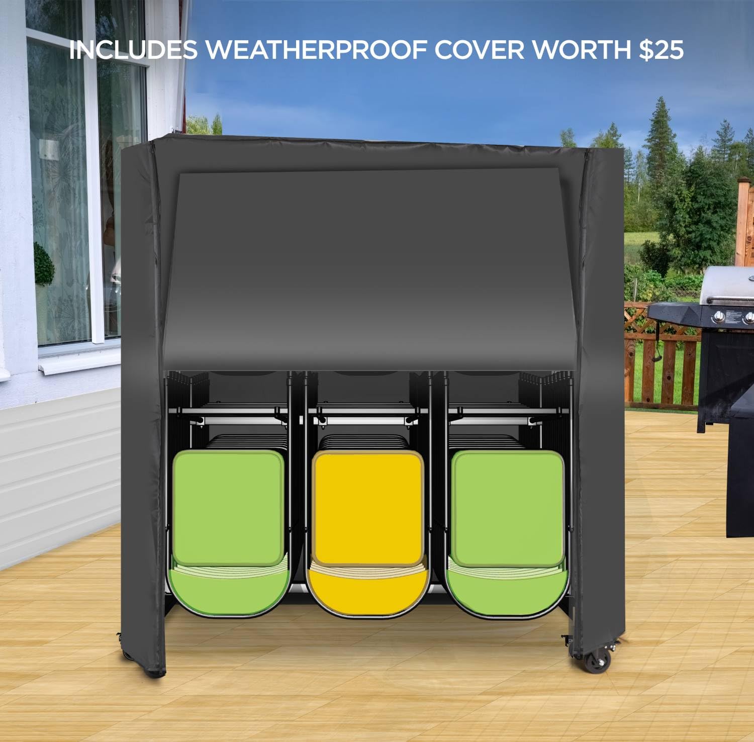 Folding Chair Rack Folding Chair Cart with Capacity 84 Folding Chair Storage Rack 360° Rubber Locking Wheels Weatherproof Cover Mobile Chair Dolly for Stackable Chairs Folding Tables and Chairs