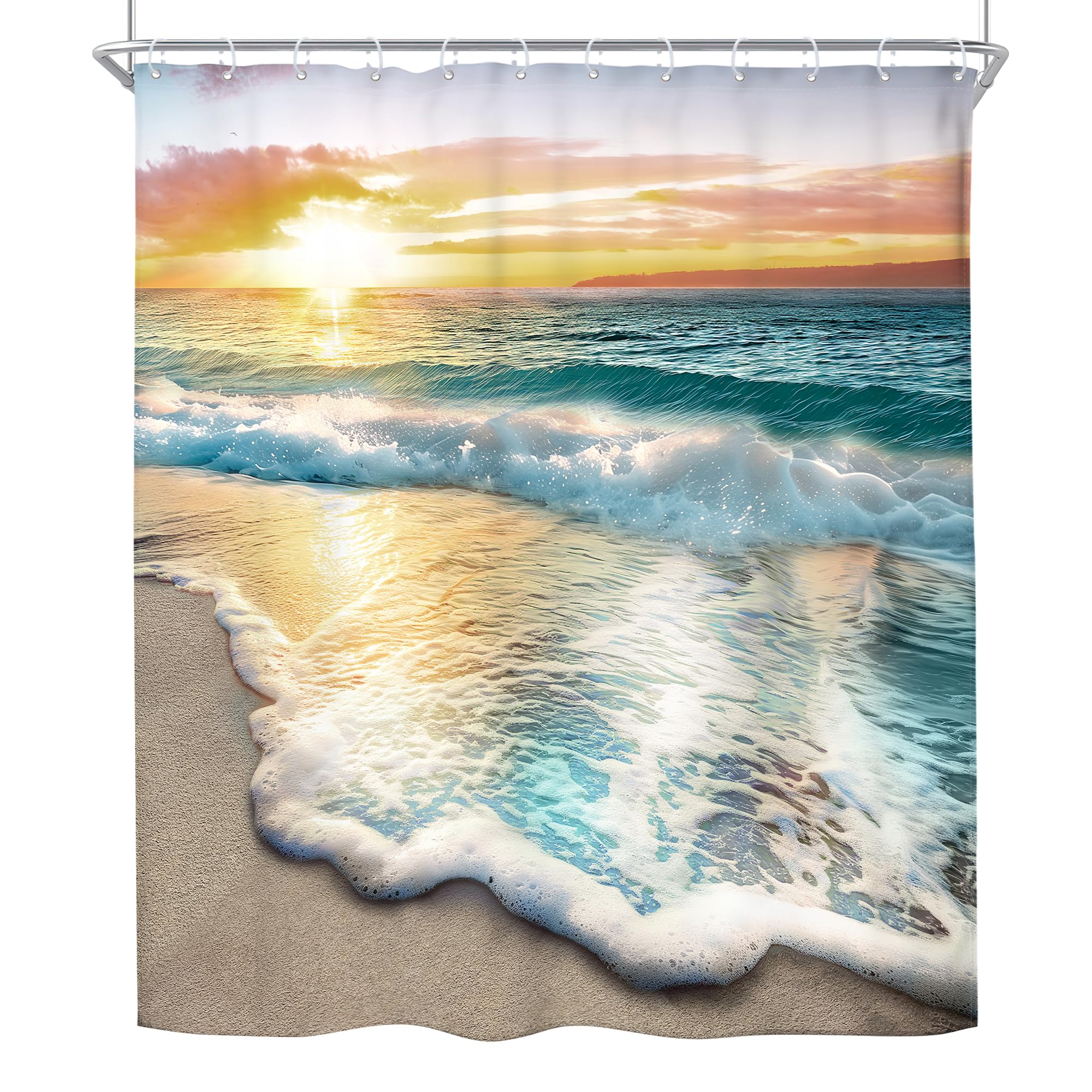 Riyidecor Ocean Coastal Hawaiian Sunrise Shower Curtain 72x84 Inch Sea Wave Summer Beach Seaside Scene Island Blue Fabric Set Waterproof 12 Pack Hooks BB-JWXP