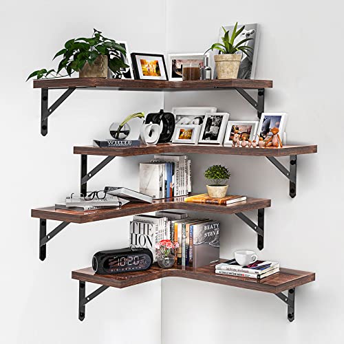 ROMGUAR CRAFT Corner Floating Shelves Wall Mounted Shelves Set of 4, Waterproof Wood Display Wall Storage Shelves, Book Shelves, Home Decor for Bathroom, Kitchen, Bedroom, Living Room, Office
