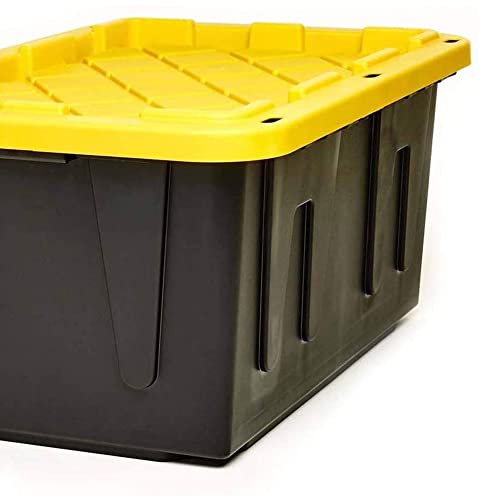 HOMZ Durabilt 27 Gallon Capacity Flip Lid Stackable Heavy Duty Tough Storage Container Tote, Black Base with Yellow Lid (2 Pack)