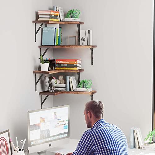ROMGUAR CRAFT Corner Floating Shelves Wall Mounted Shelves Set of 4, Waterproof Wood Display Wall Storage Shelves, Book Shelves, Home Decor for Bathroom, Kitchen, Bedroom, Living Room, Office
