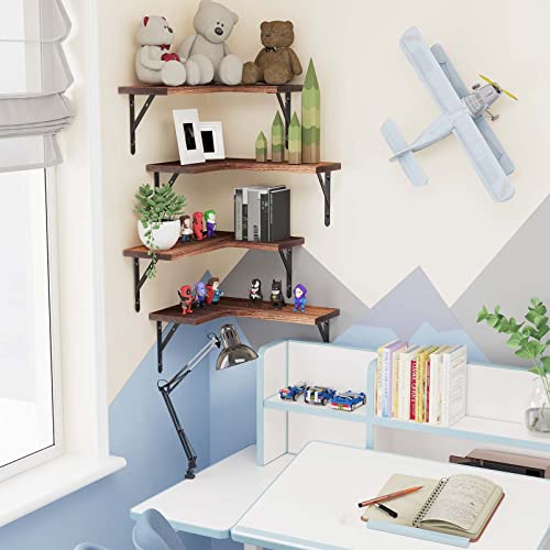 ROMGUAR CRAFT Corner Floating Shelves Wall Mounted Shelves Set of 4, Waterproof Wood Display Wall Storage Shelves, Book Shelves, Home Decor for Bathroom, Kitchen, Bedroom, Living Room, Office