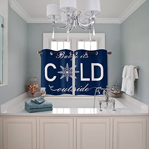 LBDEKOR Kitchen Curtain 39 Inch Length, Christmas Grommet Curtain for Kitchen Winow Curtains Drapes for Living Room Bedroom Bathroom Window Treatment 2 Panels Set Cold Winter Snowflakes Blue Backdrop