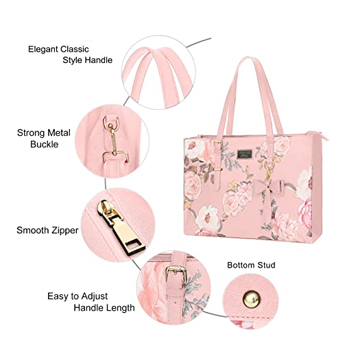 MOSISO Laptop Tote Bag Compatible with MacBook Air 15 inch M2 A2941/Pro 16 M3 M2 M1, 15-15.6 inch Notebook, Peony PU Leather Travel Work Briefcase with Detachable Bowknot & Small Purse, Pink