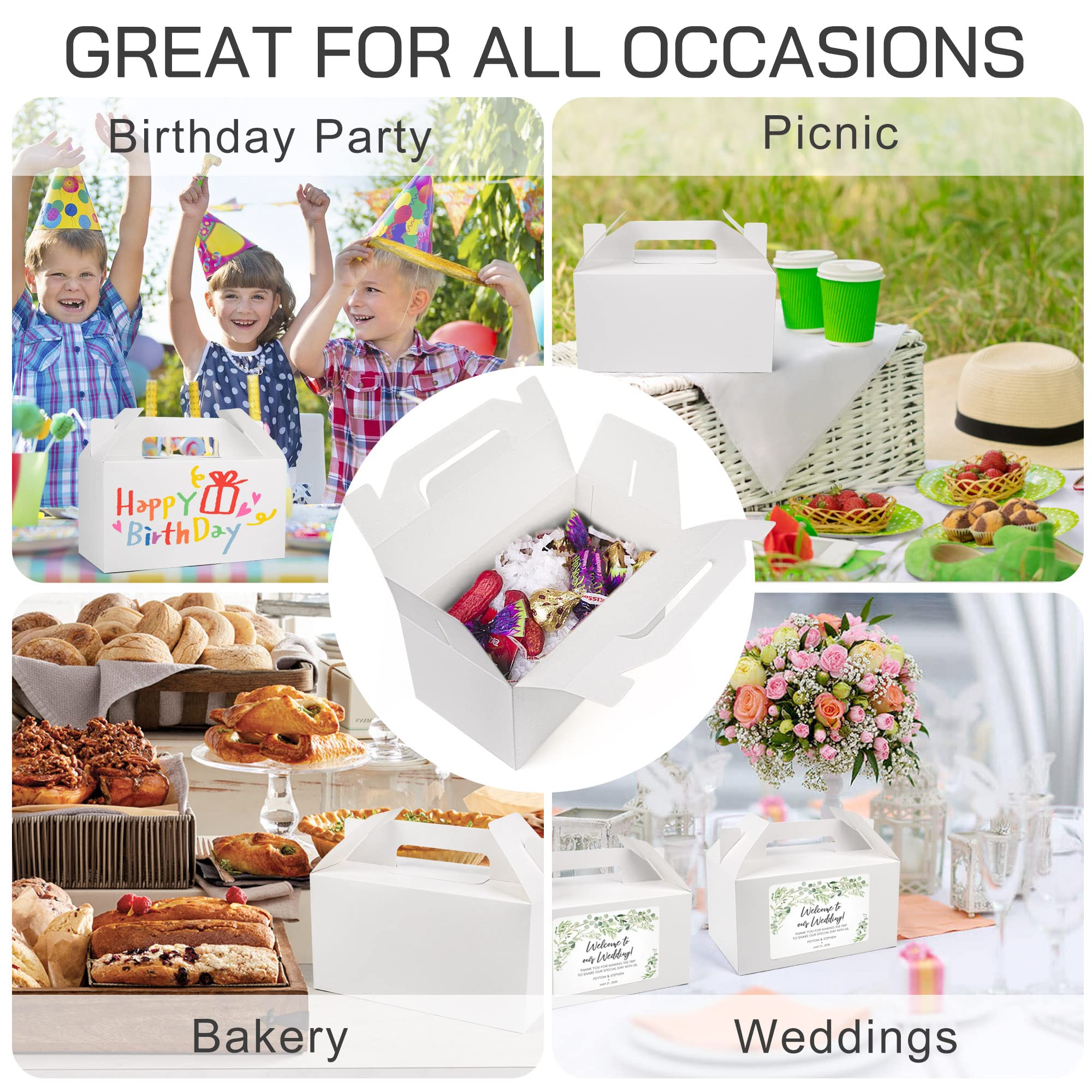 LotFancy Gable Boxes for Party Favor, 9.5 x 5 x 5 Inch, 25 Pack Large Treat Boxes with Handles, White Goodie Boxes for Birthday, Wedding, Baby Shower, Lunch, Gift Giving