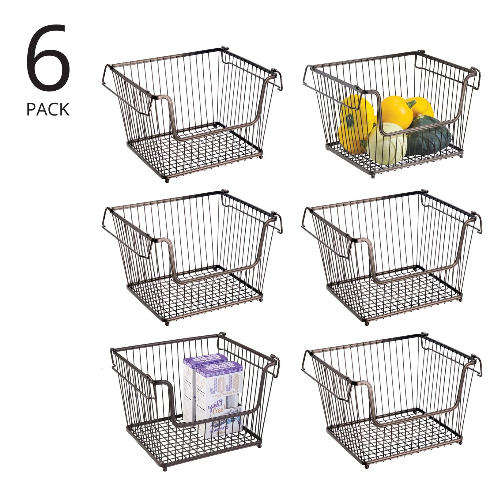 mDesign Modern Stackable Metal Food Storage Organizer Bin Basket with Handles, Open Front for Kitchen Cabinets, Pantry, Closets, Bedrooms, Bathrooms - Large, 6 Pack - Bronze