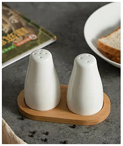 Salt and Pepper Shakers Set with a Bamboo Tray Ceramic Salt Shaker White Salt and Pepper Shaker Simplicity Salt and Pepper Set