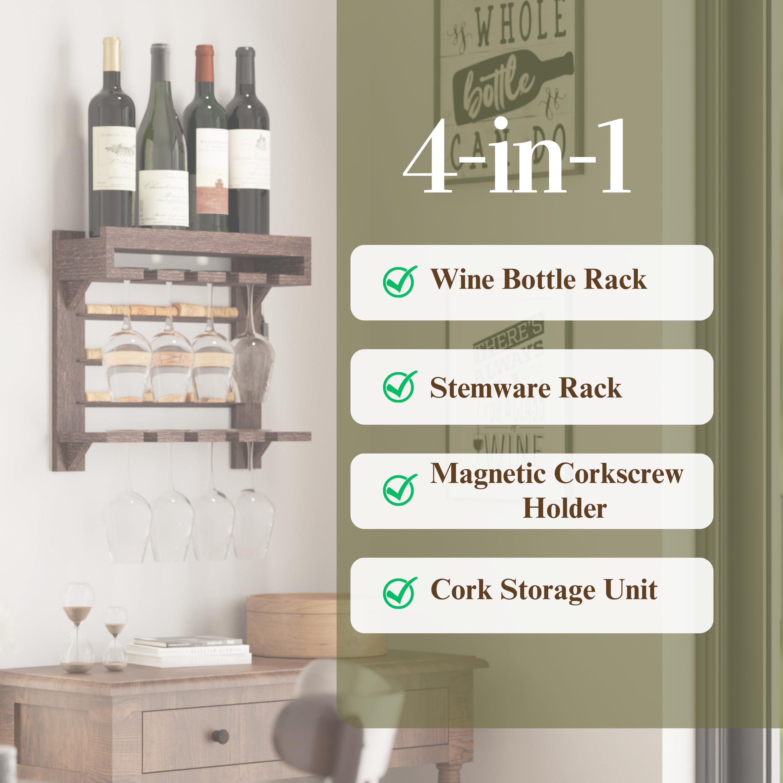 Rustic State Veneto Wall Mount Wood Wine Bottle Rack and Stemware Glassware Organizer Shelf Cork Storage - Magnetic Corkscrew Holder for Champagne, Red & White Wine - Home, Kitchen, Bar Décor