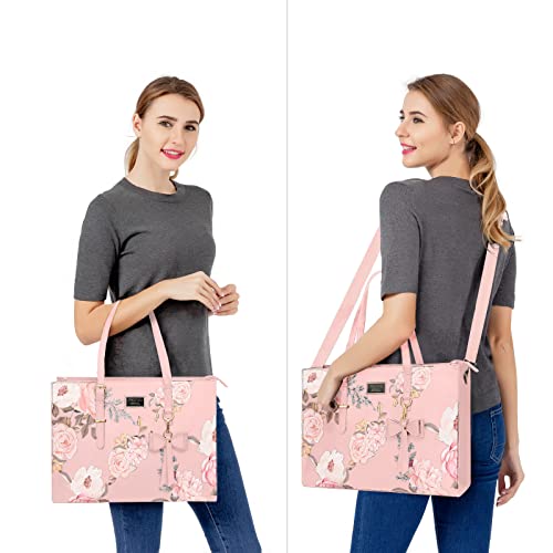 MOSISO Laptop Tote Bag Compatible with MacBook Air 15 inch M2 A2941/Pro 16 M3 M2 M1, 15-15.6 inch Notebook, Peony PU Leather Travel Work Briefcase with Detachable Bowknot & Small Purse, Pink