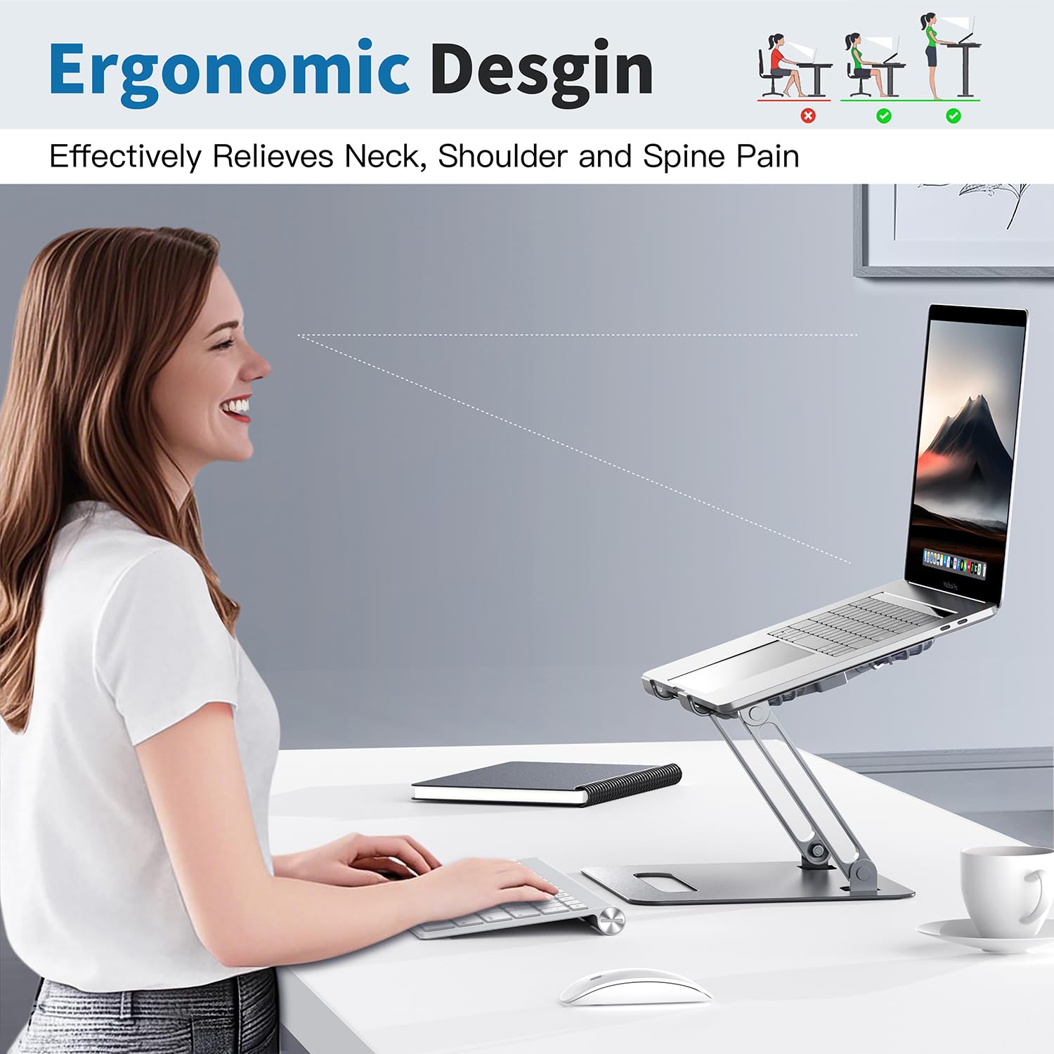 YICOSUN Laptop Stand, Adjustable Ergonomic Portable Aluminum Laptop Holder, Multi-Angle Height Adjustable,Foldable Computer Stand Anti-Slip Laptop Riser Compatible with 9-15.6 inch Laptops, Silvery
