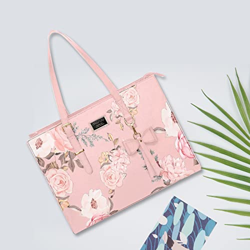 MOSISO Laptop Tote Bag Compatible with MacBook Air 15 inch M2 A2941/Pro 16 M3 M2 M1, 15-15.6 inch Notebook, Peony PU Leather Travel Work Briefcase with Detachable Bowknot & Small Purse, Pink