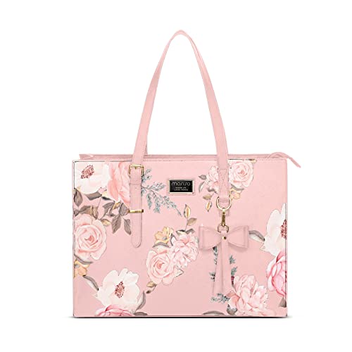 MOSISO Laptop Tote Bag Compatible with MacBook Air 15 inch M2 A2941/Pro 16 M3 M2 M1, 15-15.6 inch Notebook, Peony PU Leather Travel Work Briefcase with Detachable Bowknot & Small Purse, Pink