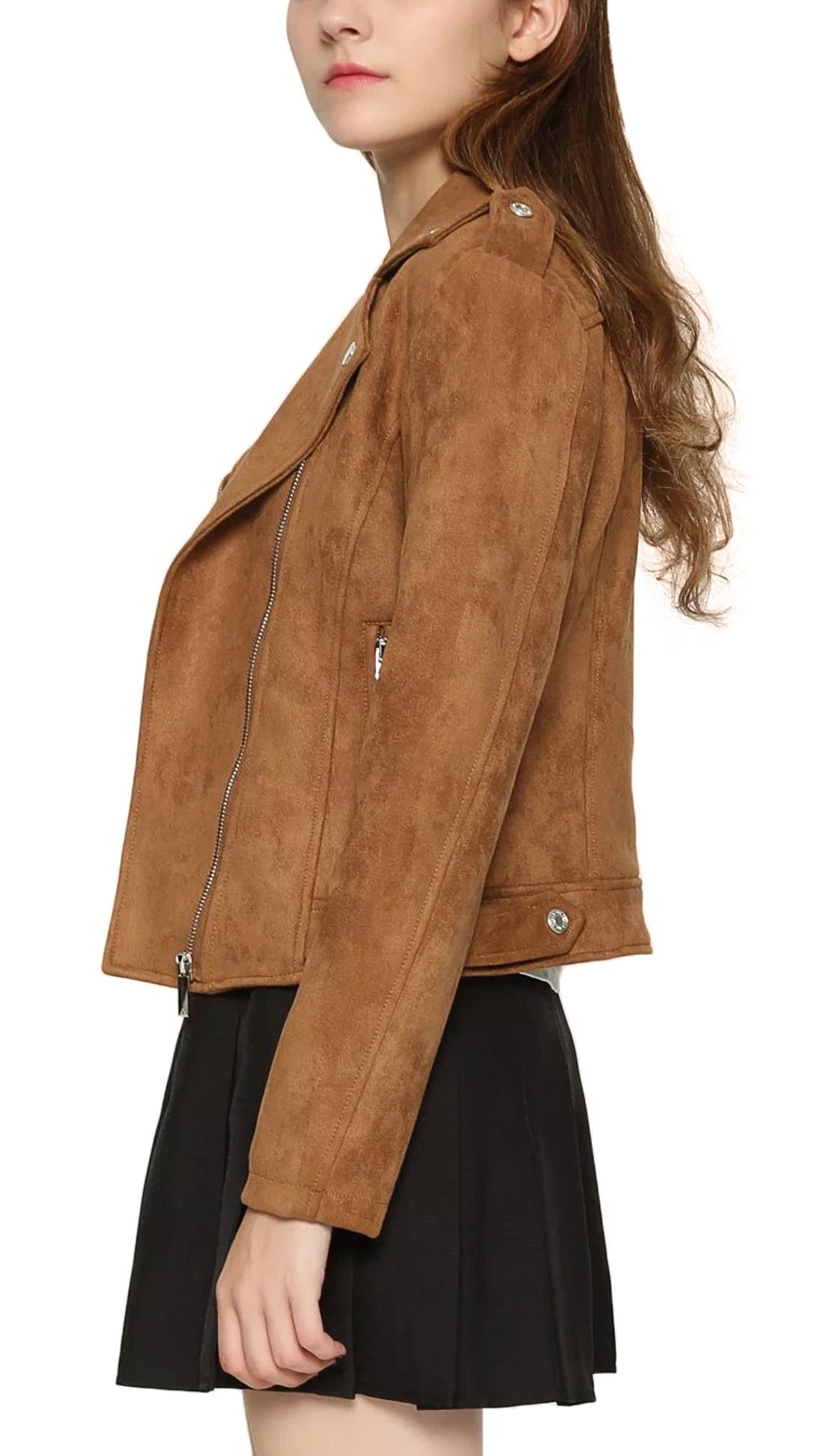 CHARTOU Women's Fall 2023 Fashion Faux Suede Leather Casual Moto Biker Jacket Coats (Medium, Coffee)