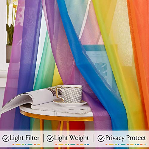 RYB HOME Rainbow Valance Curtains for Living Room- Bright Window Scarf Valance for Canopy Bed Patio Frame Birthday Party Backdrops Table Runner, W 60 in x L 216 in per Panel, 2 Panels, Rainbow