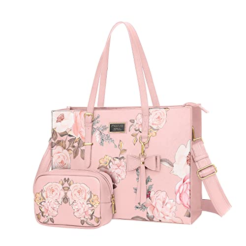 MOSISO Laptop Tote Bag Compatible with MacBook Air 15 inch M2 A2941/Pro 16 M3 M2 M1, 15-15.6 inch Notebook, Peony PU Leather Travel Work Briefcase with Detachable Bowknot & Small Purse, Pink