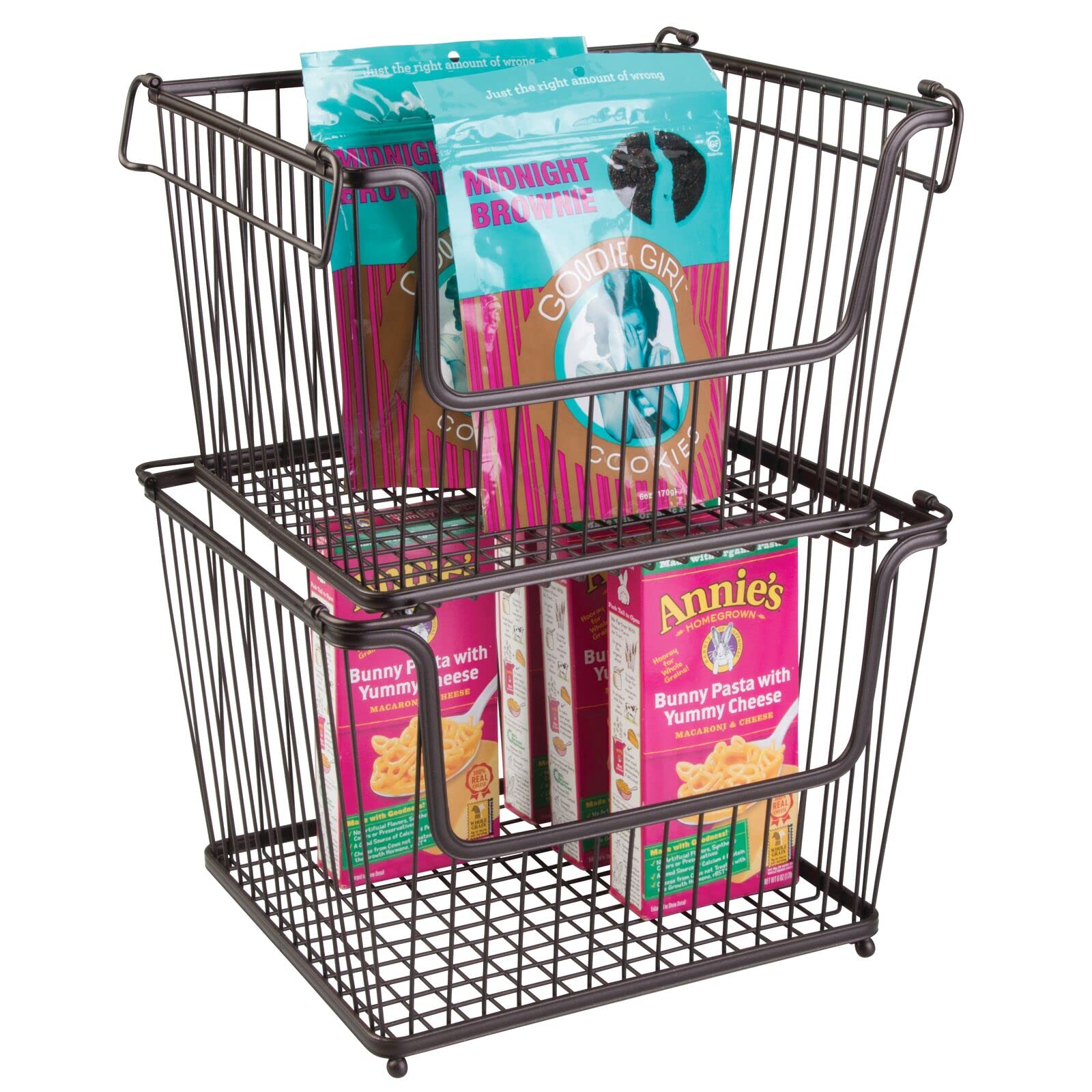 mDesign Modern Stackable Metal Food Storage Organizer Bin Basket with Handles, Open Front for Kitchen Cabinets, Pantry, Closets, Bedrooms, Bathrooms - Large, 6 Pack - Bronze
