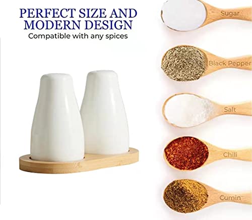 Salt and Pepper Shakers Set with a Bamboo Tray Ceramic Salt Shaker White Salt and Pepper Shaker Simplicity Salt and Pepper Set