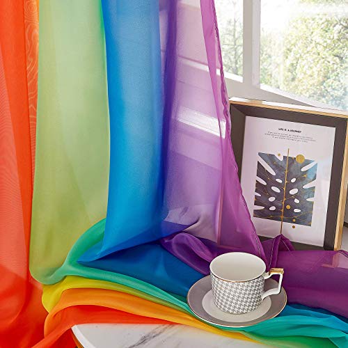 RYB HOME Rainbow Valance Curtains for Living Room- Bright Window Scarf Valance for Canopy Bed Patio Frame Birthday Party Backdrops Table Runner, W 60 in x L 216 in per Panel, 2 Panels, Rainbow