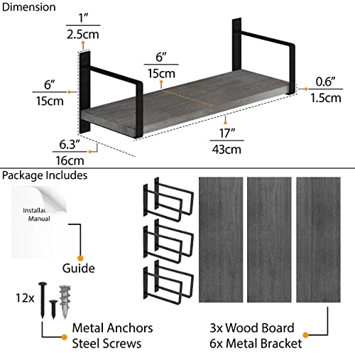 Wallniture Toledo 17"x6" Floating Bookshelf Living Room Decor, Kitchen Shelves, Bathroom Shelf, Wall Shelves for Bedroom & Office, Gray Set of 3