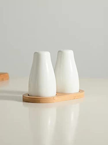 Salt and Pepper Shakers Set with a Bamboo Tray Ceramic Salt Shaker White Salt and Pepper Shaker Simplicity Salt and Pepper Set