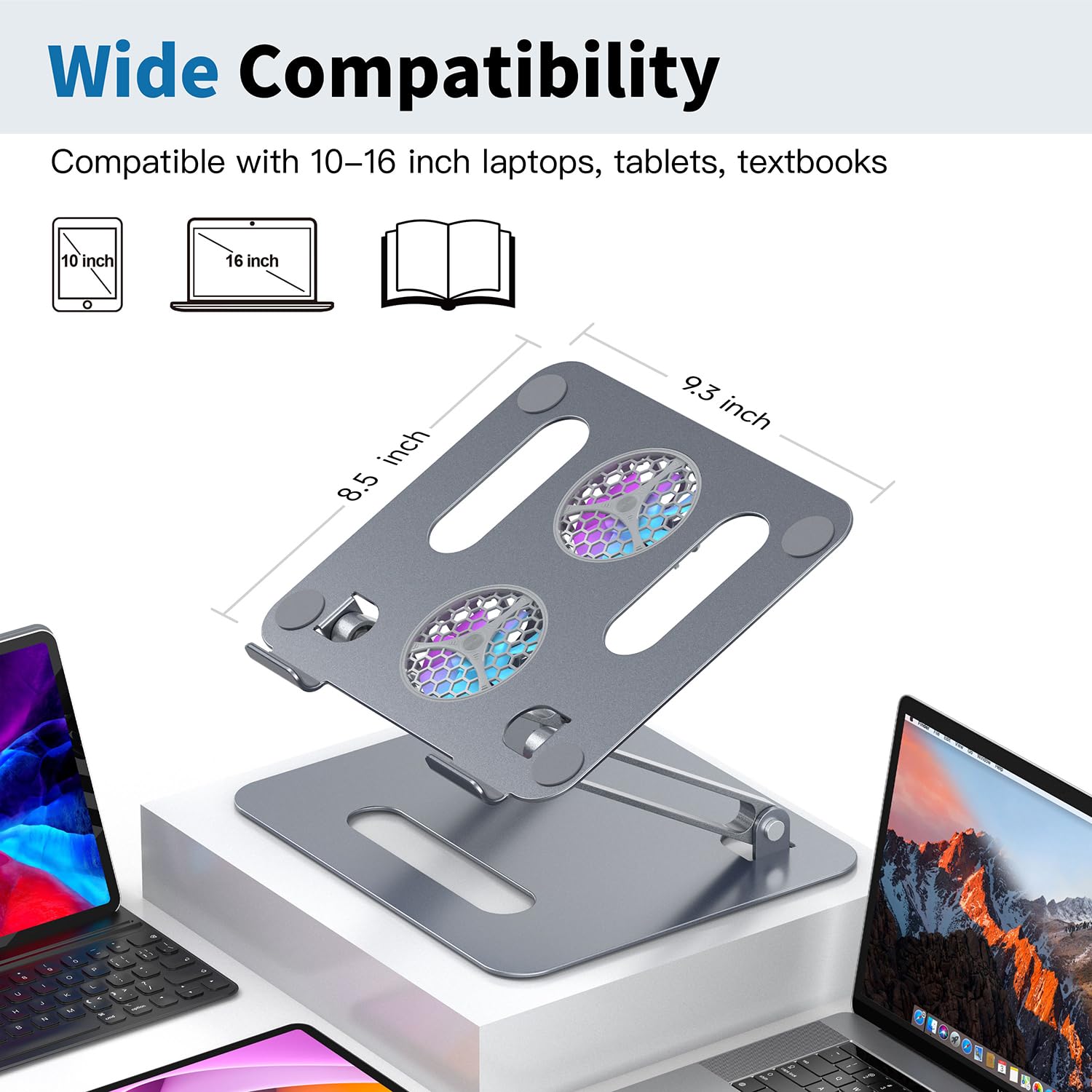 YICOSUN Laptop Stand, Adjustable Ergonomic Portable Aluminum Laptop Holder, Multi-Angle Height Adjustable,Foldable Computer Stand Anti-Slip Laptop Riser Compatible with 9-15.6 inch Laptops, Silvery