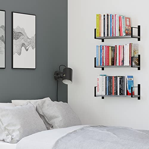 Wallniture Toledo 17"x6" Floating Bookshelf Living Room Decor, Kitchen Shelves, Bathroom Shelf, Wall Shelves for Bedroom & Office, Gray Set of 3
