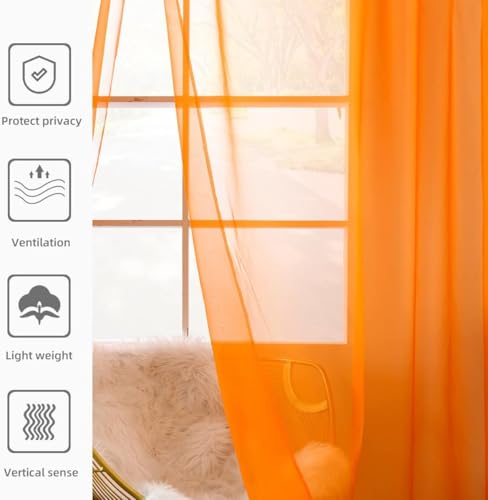 youleyar Solid Sheer Rod Pocket Curtain Voile Draperies 2 Panels White Beige Black Grey Coffee 52 Inch Width 54 Inch Long 1 Pair for Kitchen Bedroom Children Living Room Yard (Orange,52Wx54L)