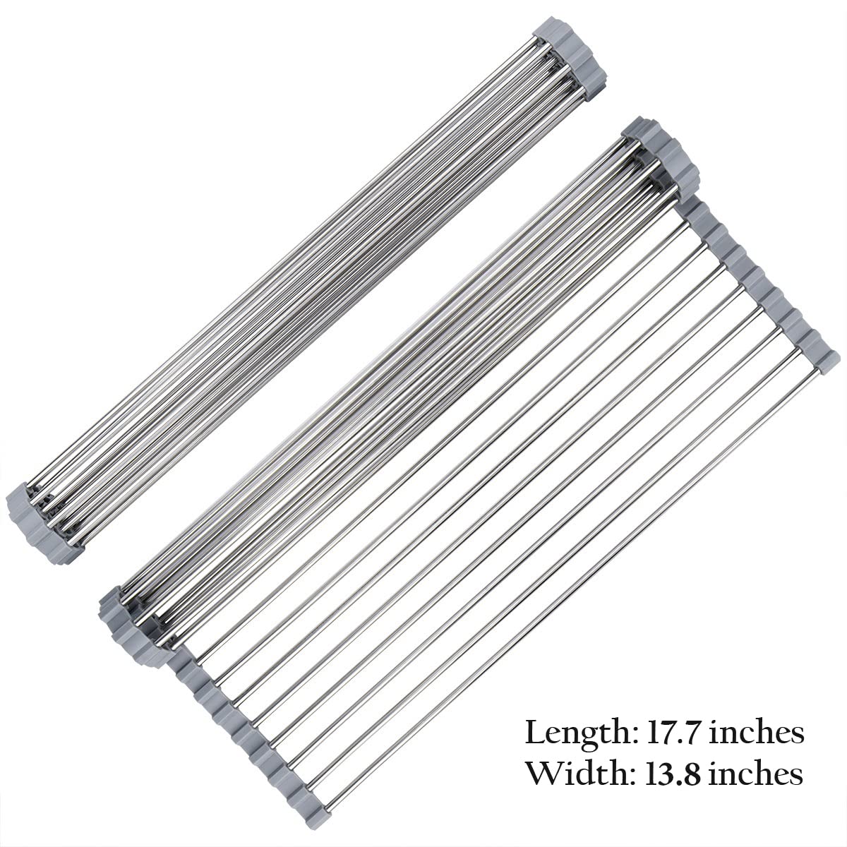 Hhyn Roll-Up Sink Drying Rack 17.7"(L) x 13.8"(W) - Multipurpose Heat Resistant Over The Sink Stainless Steel & Silicone Dish Drying Rack Rollable Kitchen Dish Drainer, Gray