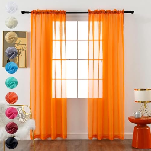 youleyar Solid Sheer Rod Pocket Curtain Voile Draperies 2 Panels White Beige Black Grey Coffee 52 Inch Width 54 Inch Long 1 Pair for Kitchen Bedroom Children Living Room Yard (Orange,52Wx54L)