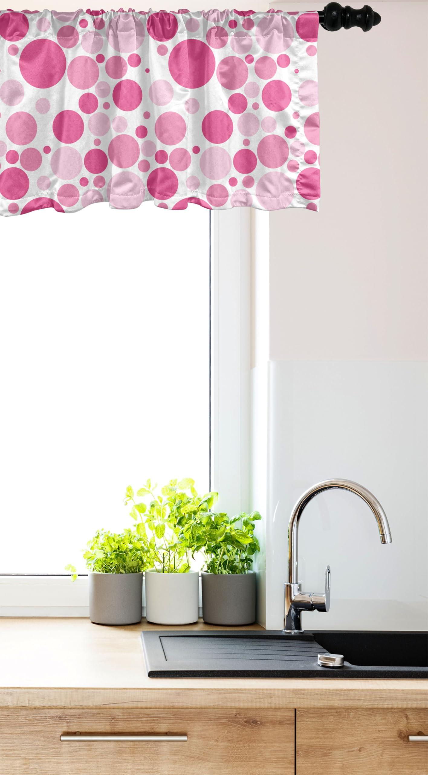 Ambesonne Pink Polka Dots Window Valance, Monotone Print of Circles in Different Sizes on a Plain Backdrop, Curtain Valance for Kitchen Bedroom Decor with Rod Pocket, 42" x 12", Pink Pale Pink White