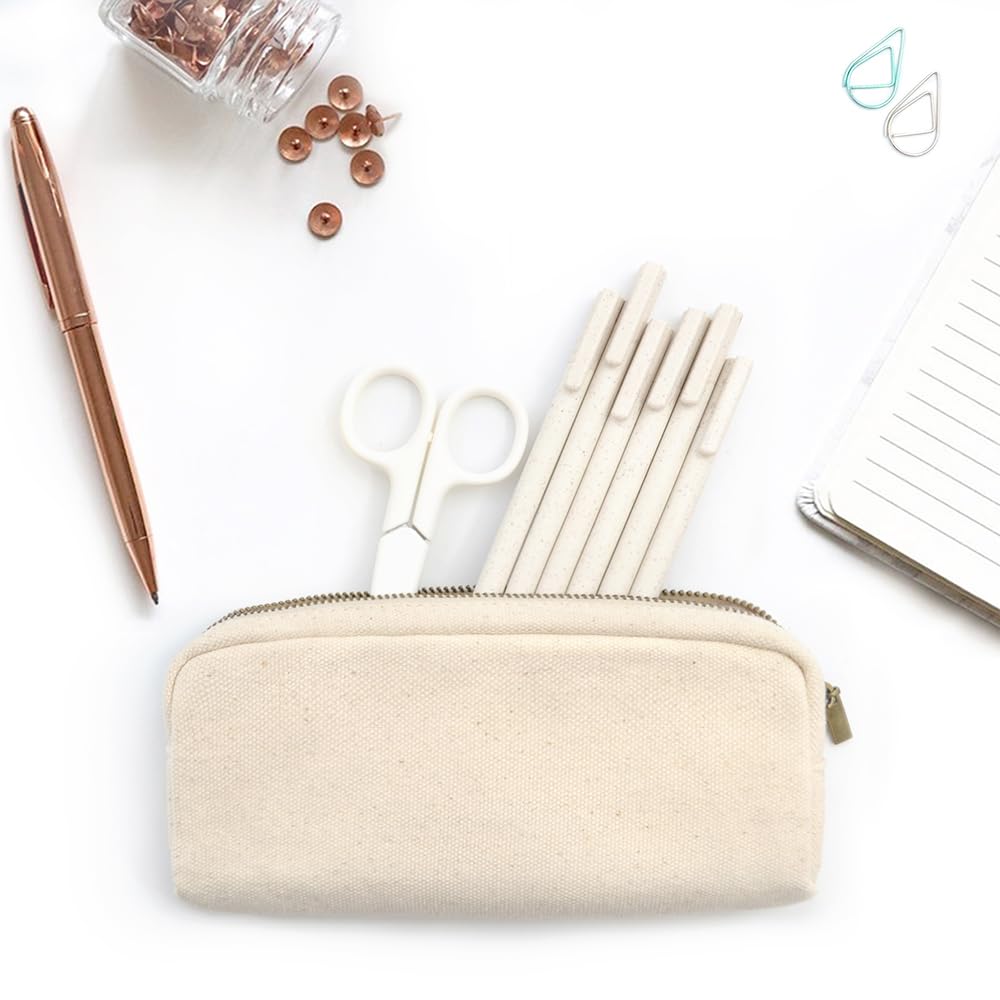 Pencil Pen Case, Dobmit Big Capacity Pencil Pouch Canvas Makeup Bag for Girls and Boys Durable Office Stationery Organizer - Beige