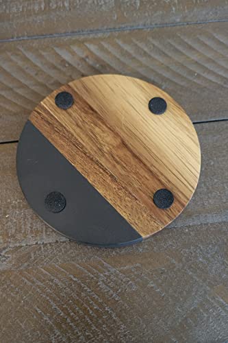 Black Slate & Acacia Wood Coasters with Brass Inlay, Set of 4