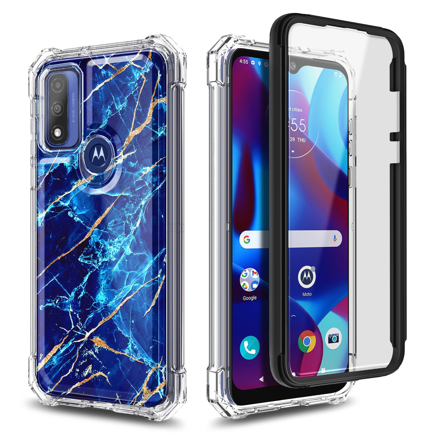 NZND Compatible with Motorola Moto G Go (AT&T XT2163-7 6.5") with [Built-in Screen Protector], Full-Body Protective Shockproof Rugged Bumper Cover Case (Sapphire)