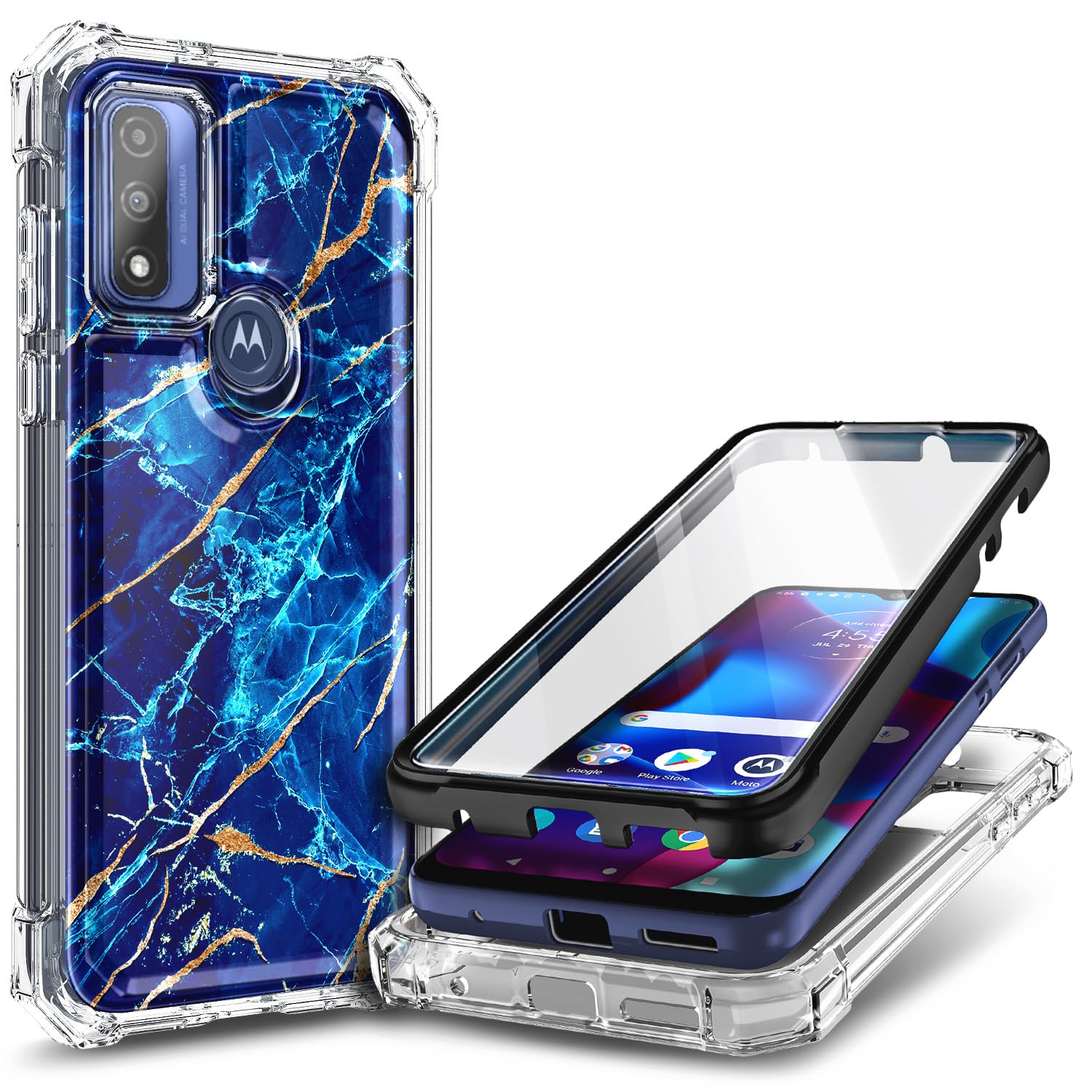 NZND Compatible with Motorola Moto G Go (AT&T XT2163-7 6.5") with [Built-in Screen Protector], Full-Body Protective Shockproof Rugged Bumper Cover Case (Sapphire)