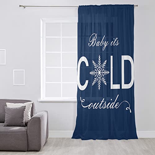 Sheer Curtains Light Filtering Window Curtains 45 inch Length, Christmas Semi Sheer Curtain Panel Voile Drapes for Kitchen/Bedroom/Living Room/Sliding Door 52"x45" Cold Winter Snowflakes Blue Backdrop