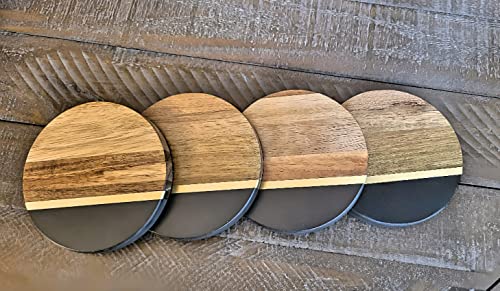 Black Slate & Acacia Wood Coasters with Brass Inlay, Set of 4