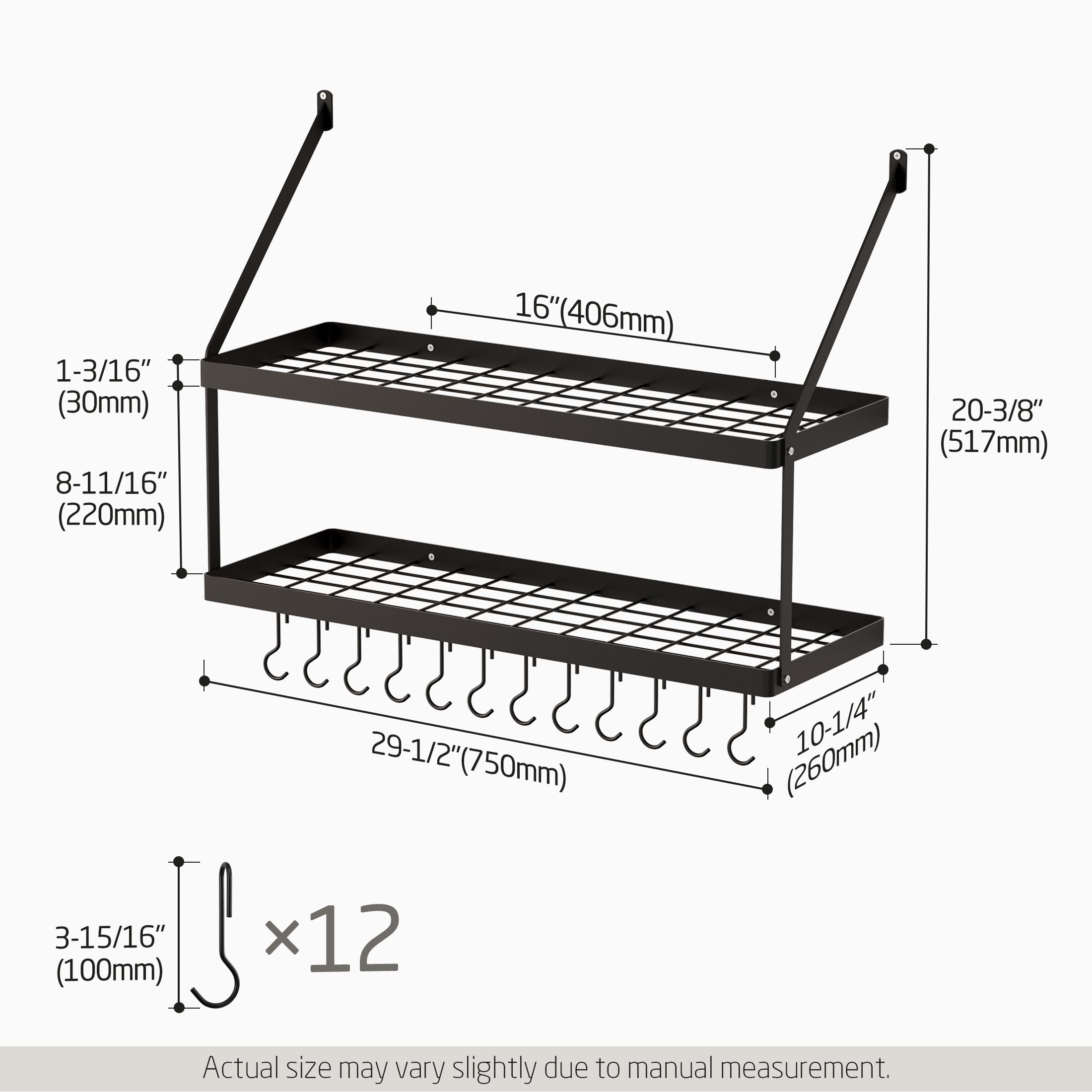 KES 30-Inch Pot Rack 2 Tier Pan Rack for Kitchen Wall Mounted Pot Organizer with 12 S-Hooks Heavy-Duty Matte Black, KUR218S75B-BK