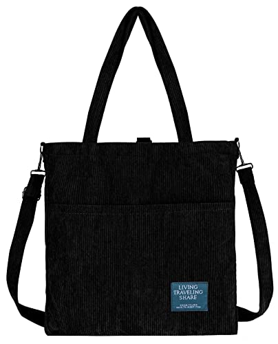 WULIQIUQIU Corduroy Crossbody Bag for Women Convertible Backpack Over The Shoulder Tote Purse Student Fashion Handbag Black