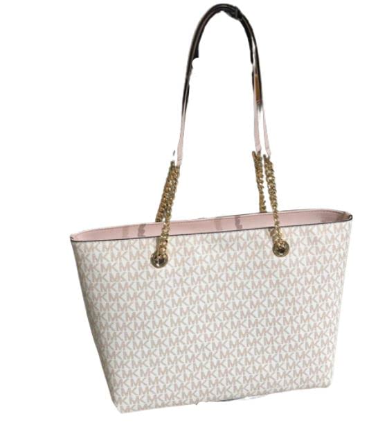 Michael Kors Jet Set Item Medium Front Pocket Chain Tote Bag Purse (Optic White/Rose Gold)